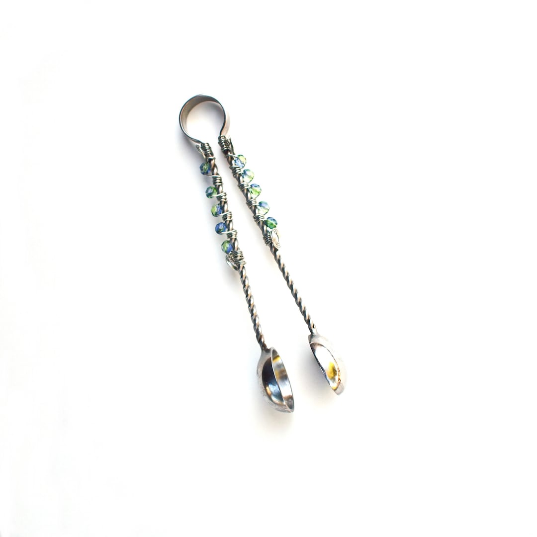 Bar Tongs With Strainer Beaded Handle Silver Blue Green Wire Wrapped ...
