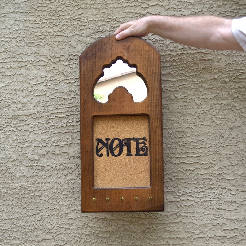 Vintage wooden wall organizer with hooks mirror cork board | Etsy