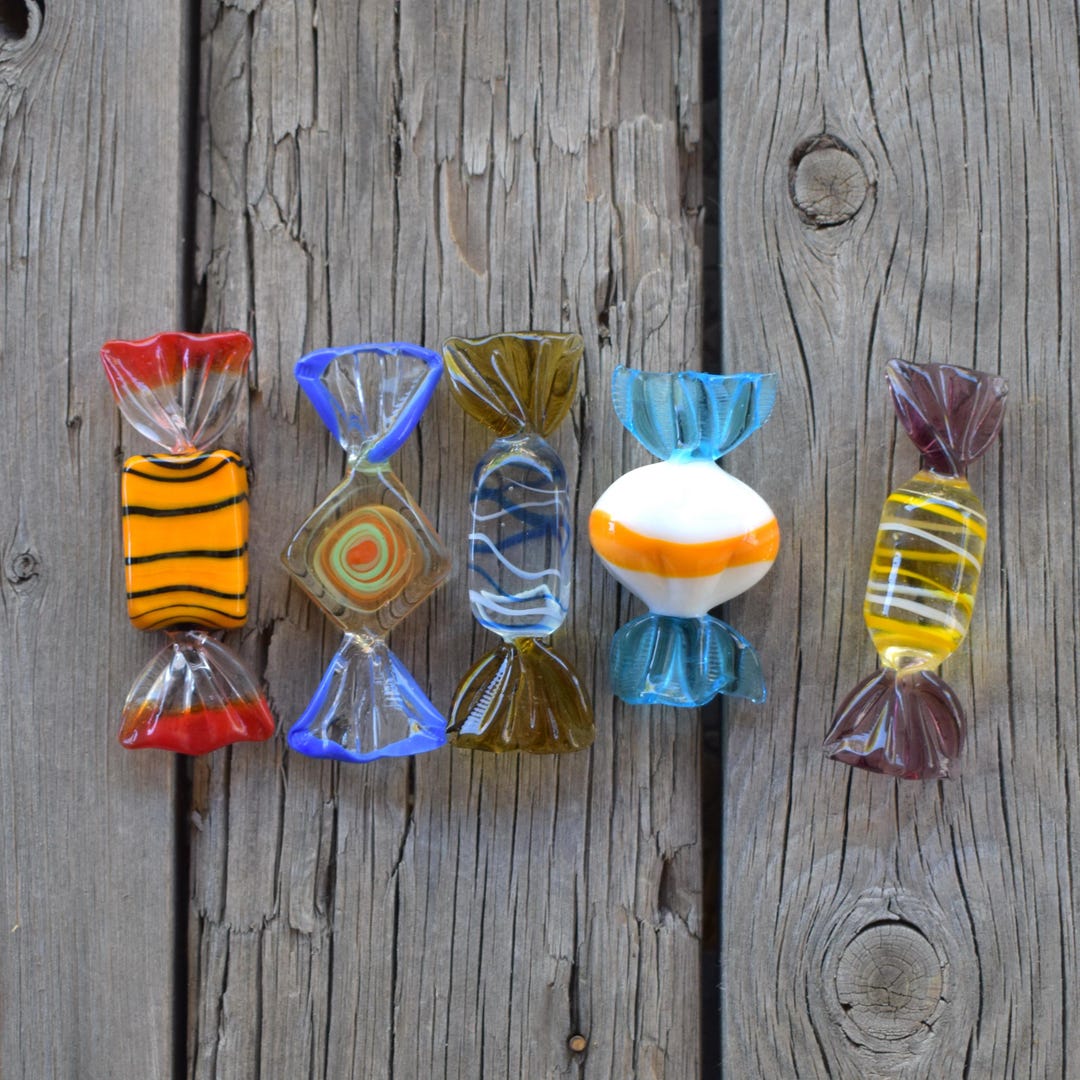 Vintage Art Glass Candy Figurines Set of 5 Wrapped Candy Ornaments Faux ...