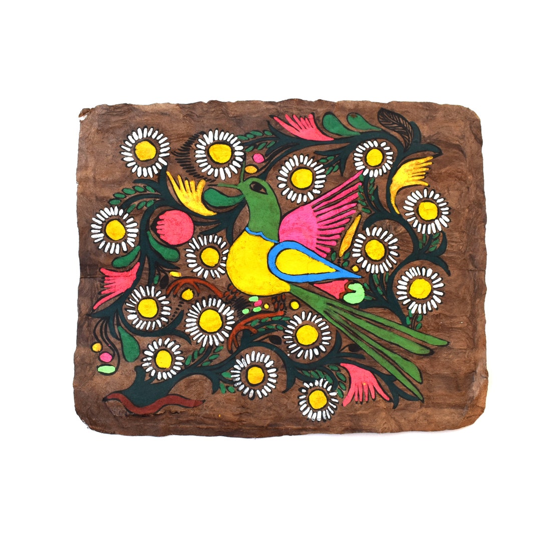 Vintage Amate Bark Painting Mexican Folk Art Wall Decor Birds Otomi ...