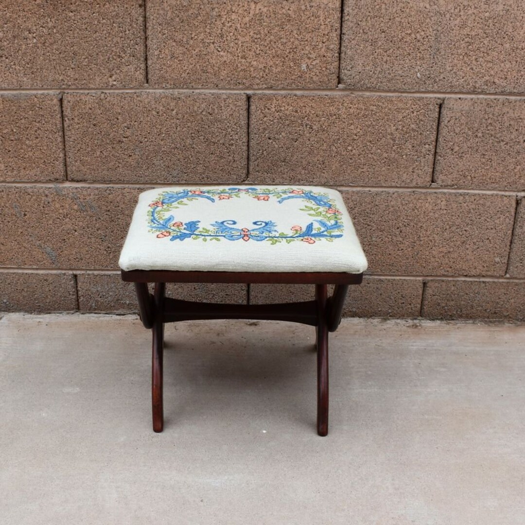 Vintage Foot Stool Living Room Decor Embroidered Foot Rest Wooden Base ...