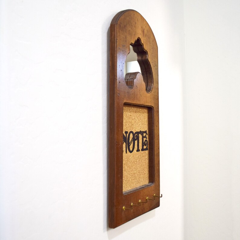 Vintage wooden wall organizer with hooks mirror cork board | Etsy