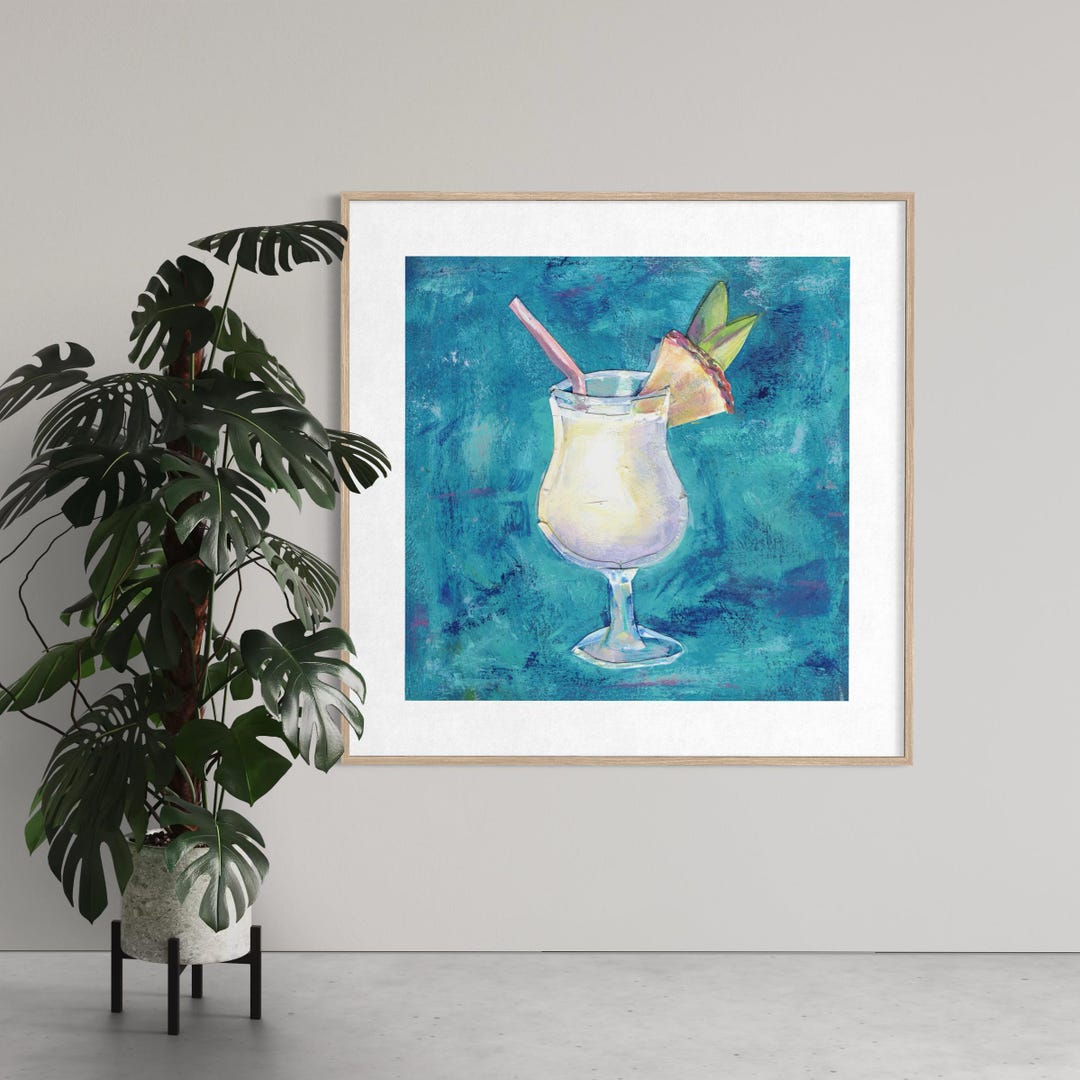 Pina Colada Wall Art Print, Blue Cocktail Tropical Drink Painting ...