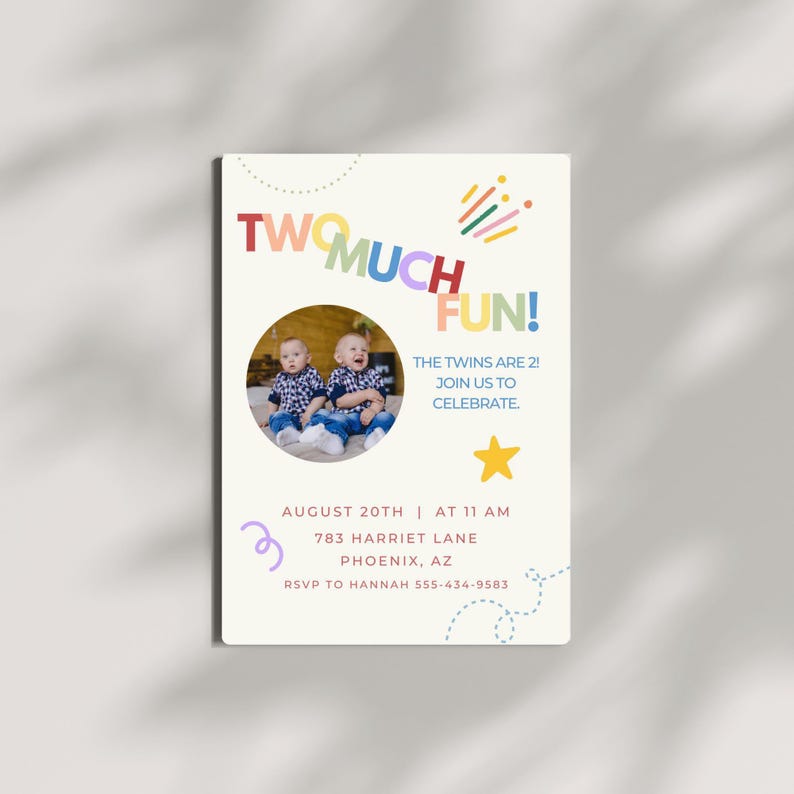Two Much Fun Twin Birthday Invitation | Colorful 2nd Birthday Invite ...