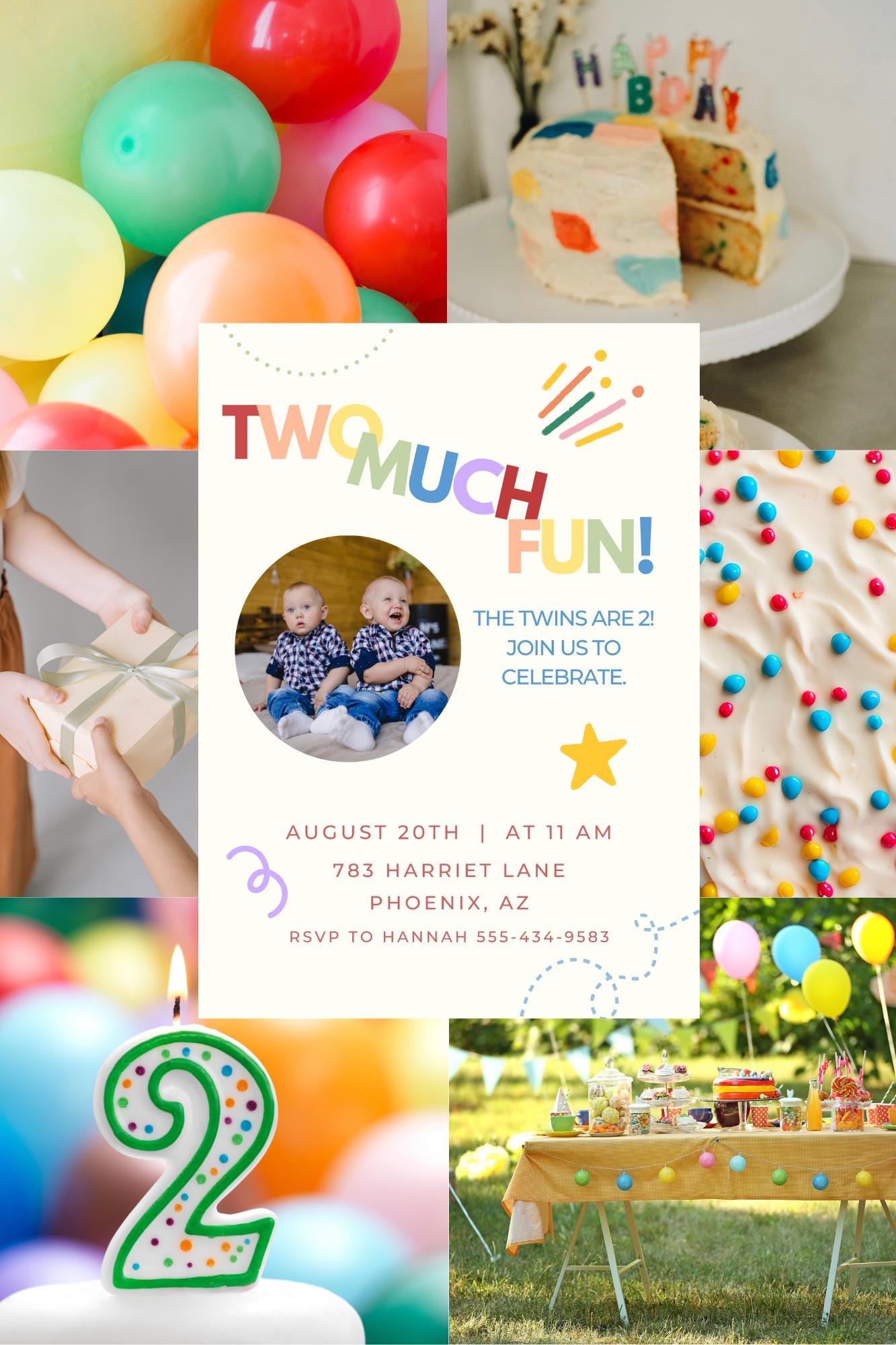 Two Much Fun Twin Birthday Invitation | Colorful 2nd Birthday Invite ...