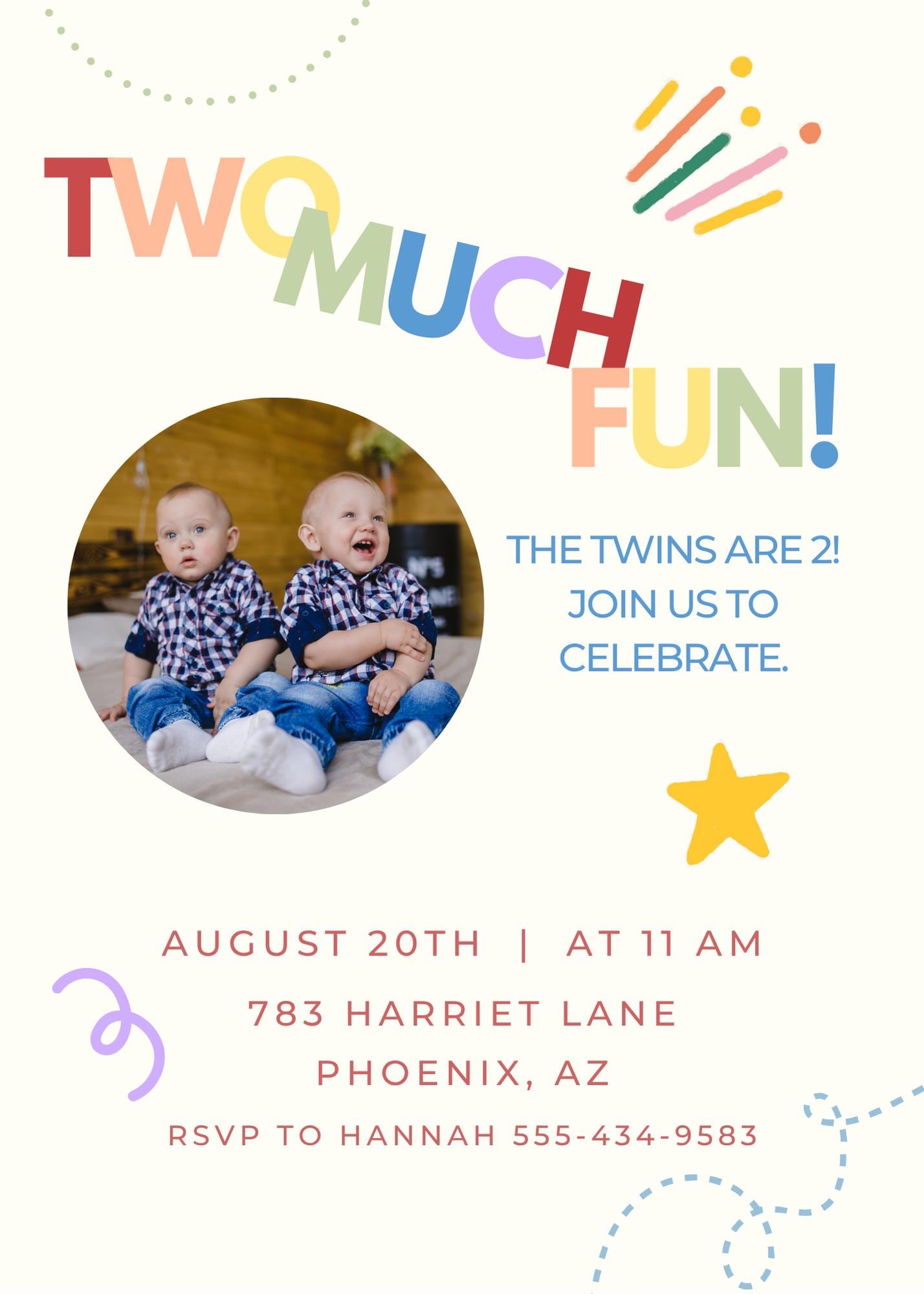 Two Much Fun Twin Birthday Invitation | Colorful 2nd Birthday Invite ...