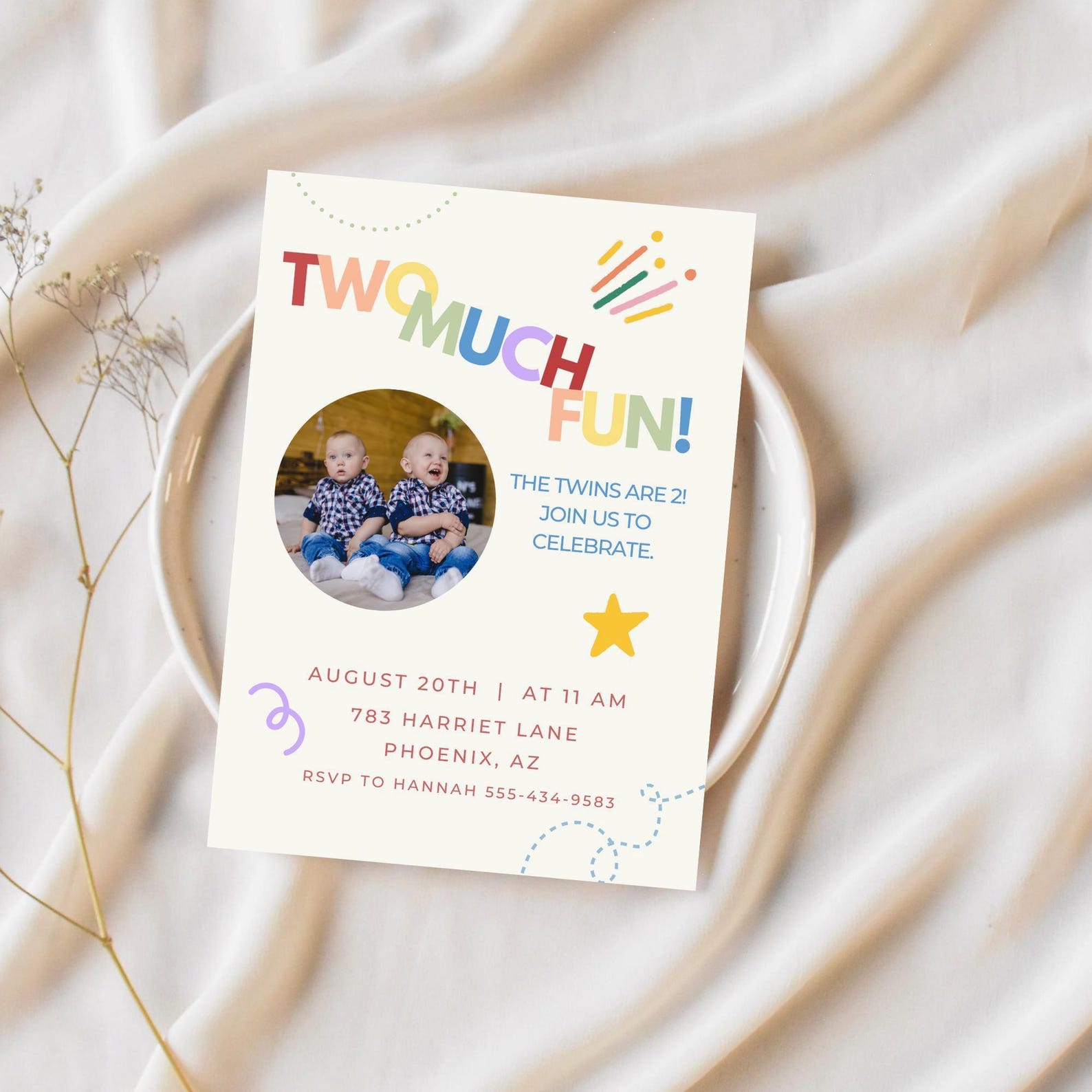 Two Much Fun Twin Birthday Invitation | Colorful 2nd Birthday Invite ...