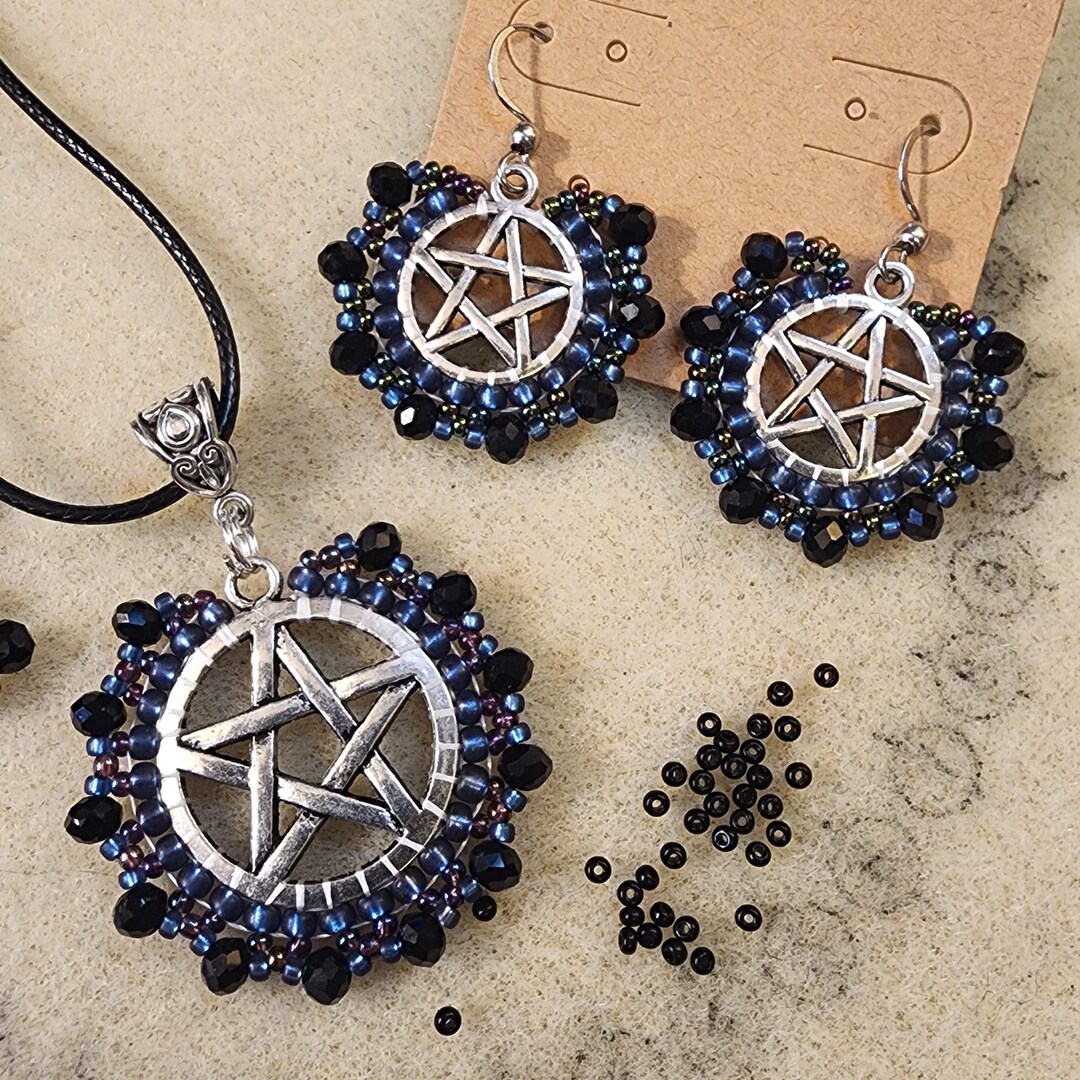 Blue and Black Pentacle Star Hand Beaded Fringe Crystal Pendant With ...