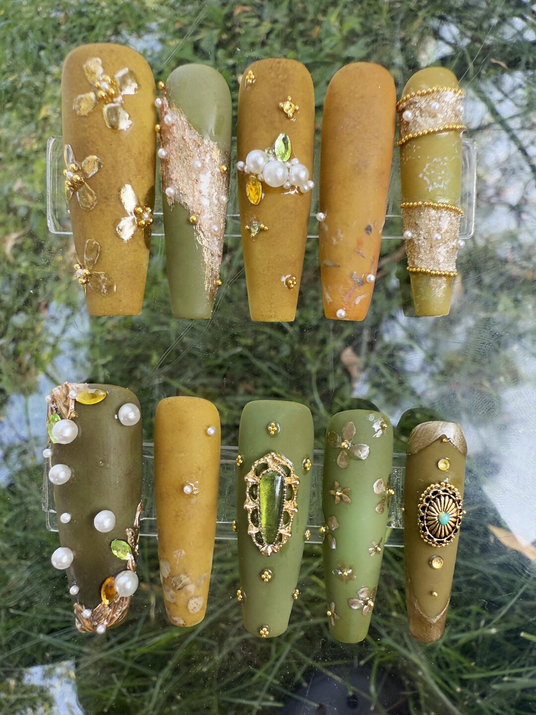 Enchanted Forest Coffin Press on Nails: Peridot, Moonlight Pearls,nail ...