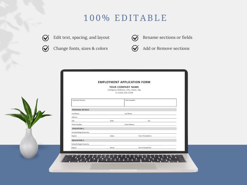 Employment Application Form | Printable & Editable | Job Application ...