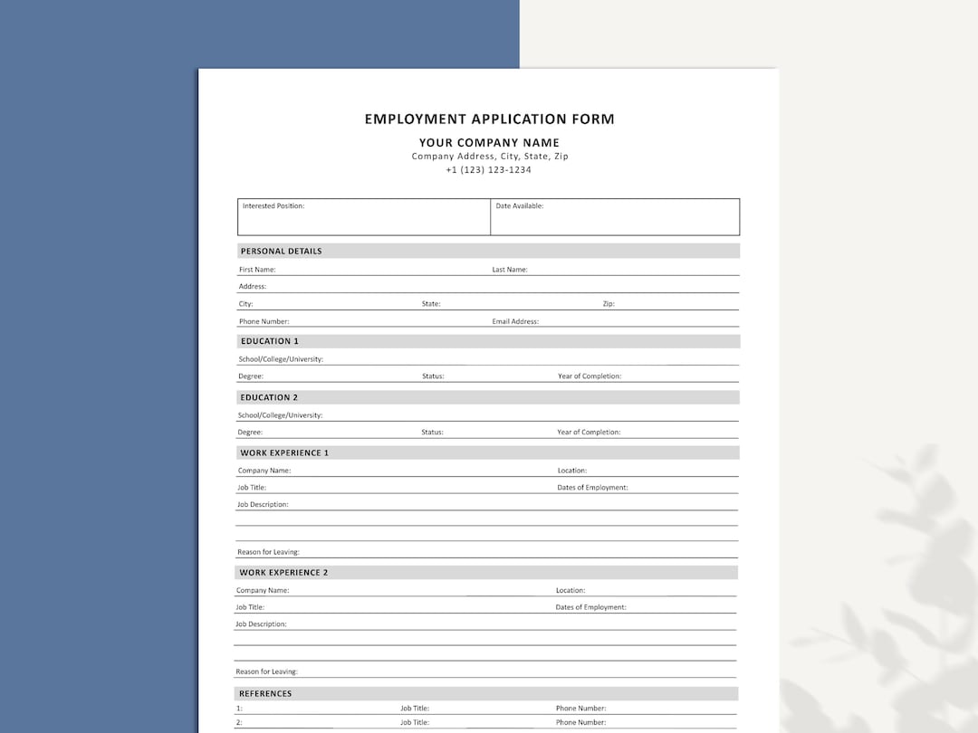 Employment Application Form | Printable & Editable | Job Application Template | Work Application ...