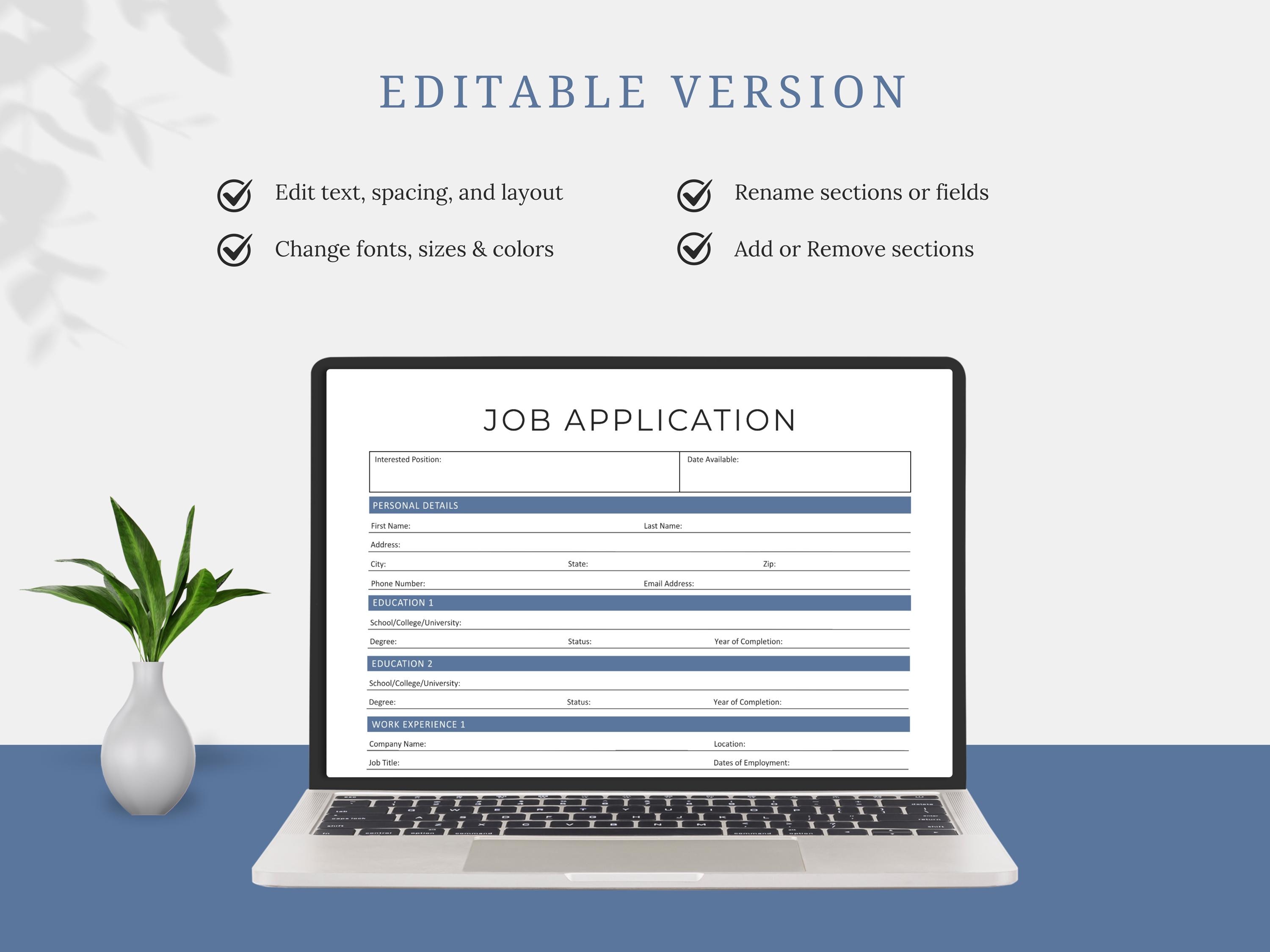 Job Application Template | Printable & Editable | Employment ...