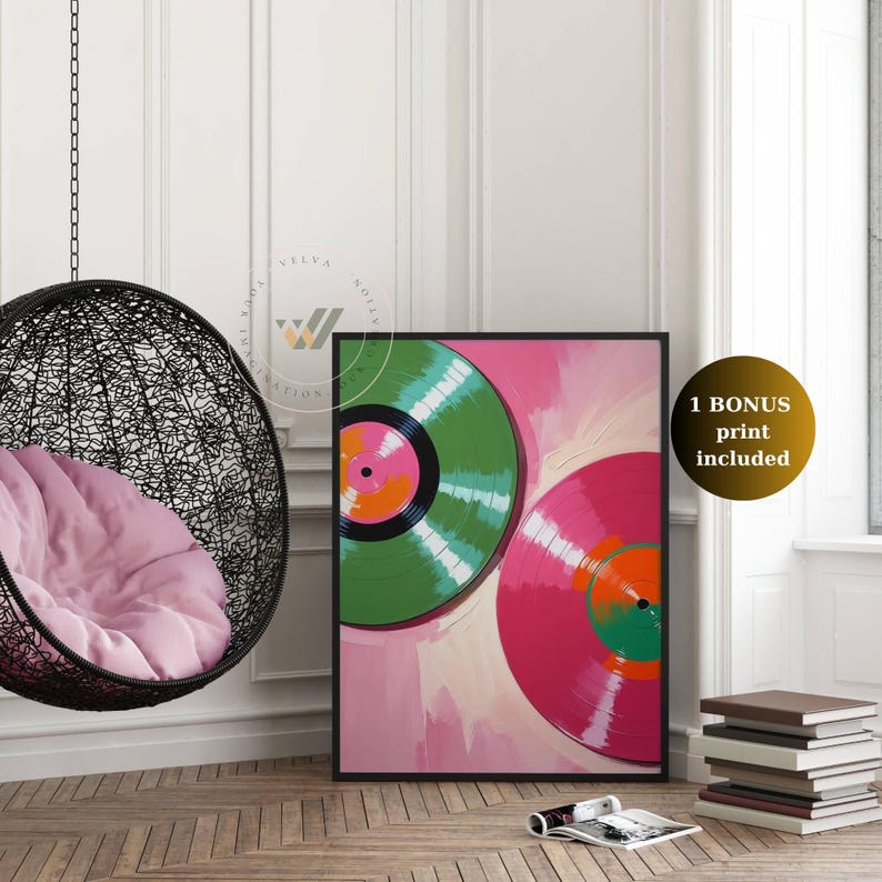 Vinyl Record Wall Art Retro Music Poster Oil Painted Pink & Green ...