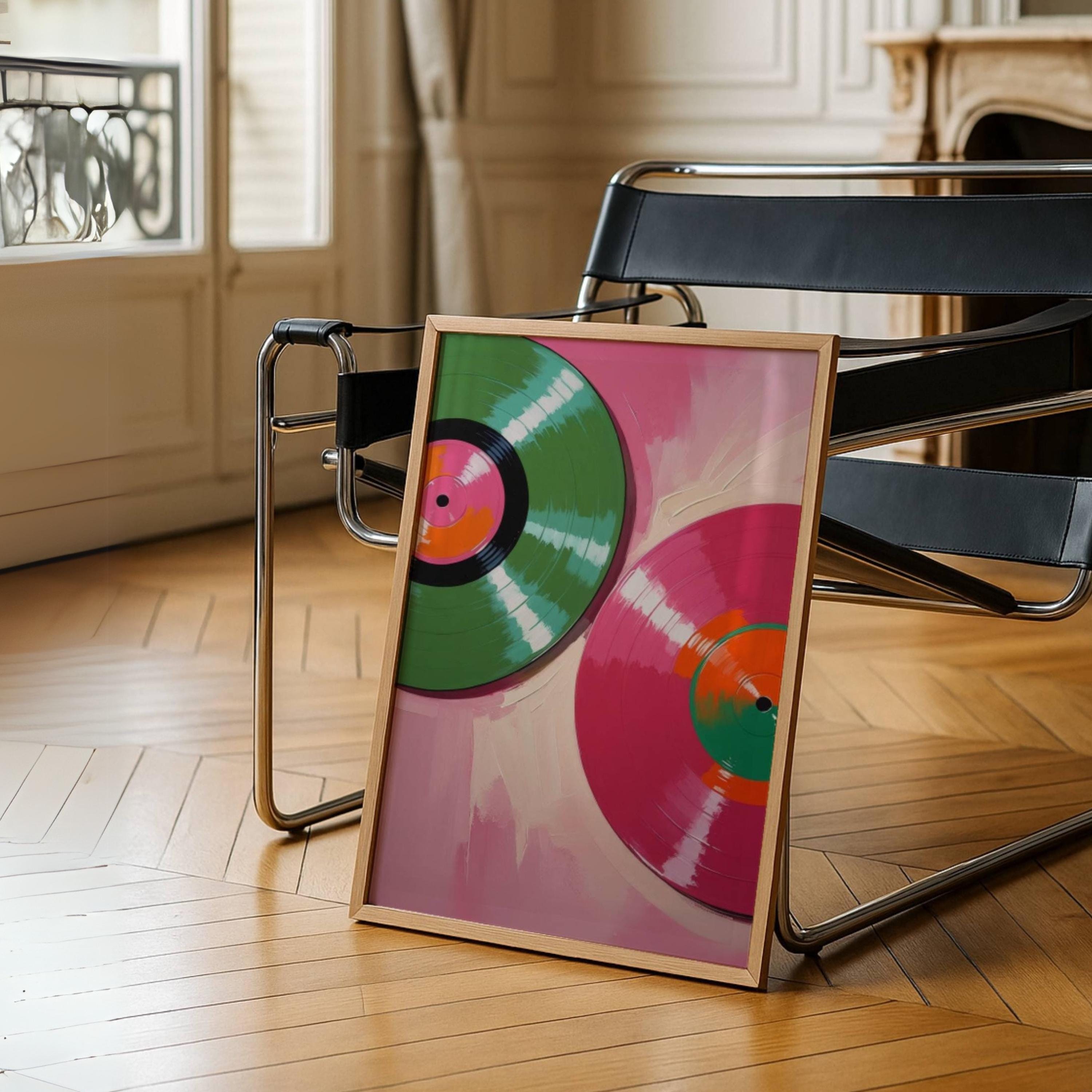 Vinyl Record Wall Art Retro Music Poster Oil Painted Pink & Green ...