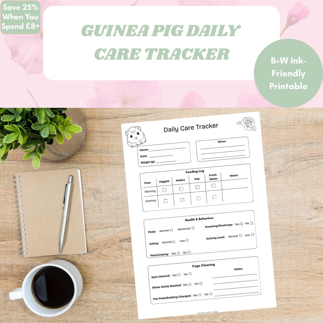Guinea Pig Daily Care Tracker | Printable B&W Pet Log | Feeding ...