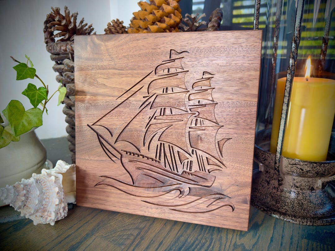 Carved Walnut Ship Wall Art: Nautical Coastal Decor - Etsy