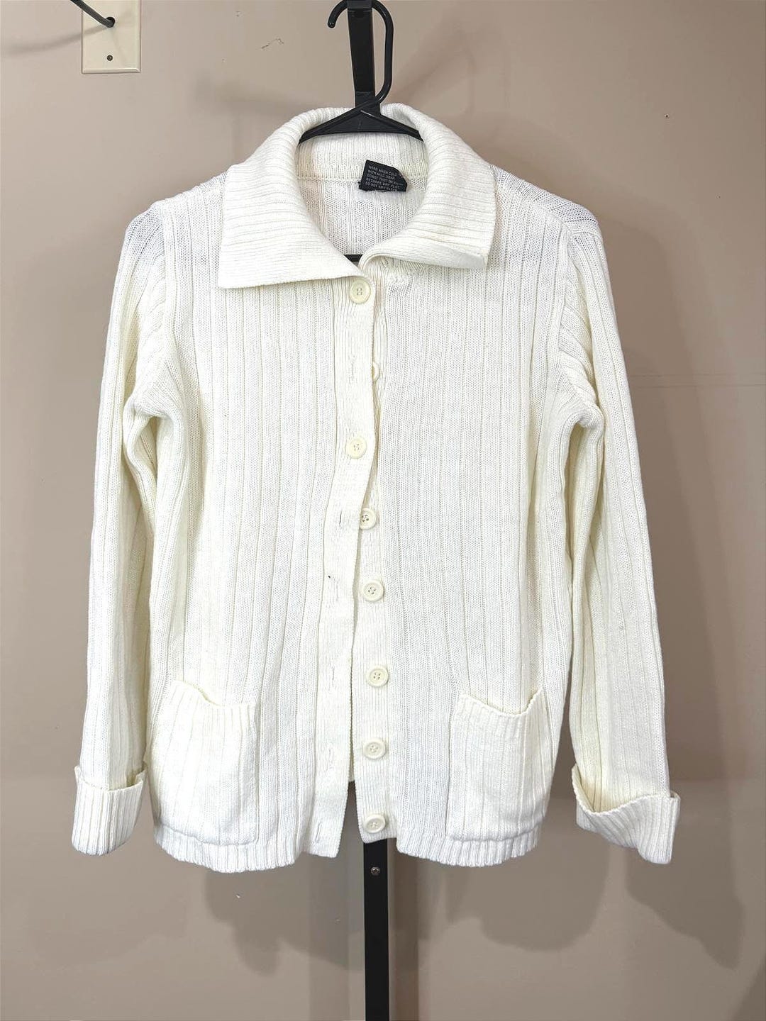 Vintage 70s Medium White Ribbed Button-up Cardigan Sweater With Pockets ...