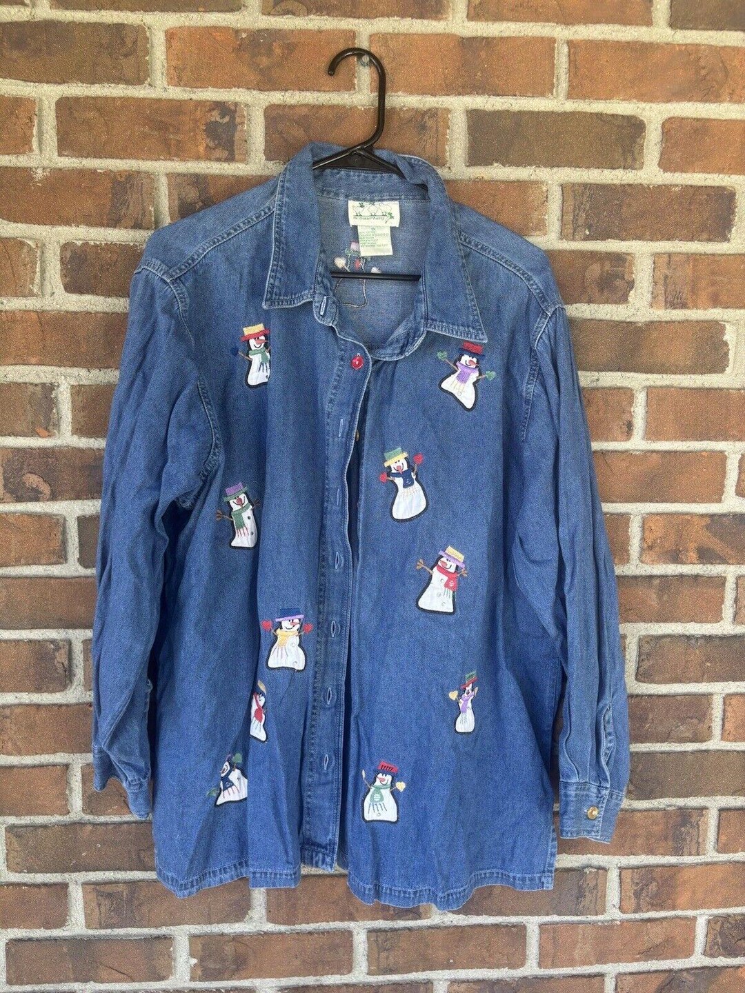 The Quacker Factory Snowmen Chambrey Denim Shirt Embroidered Womens 1x ...
