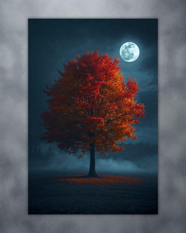 Autumn Tree & Moon Art Print: Moody Fall Night Sky Poster - Etsy