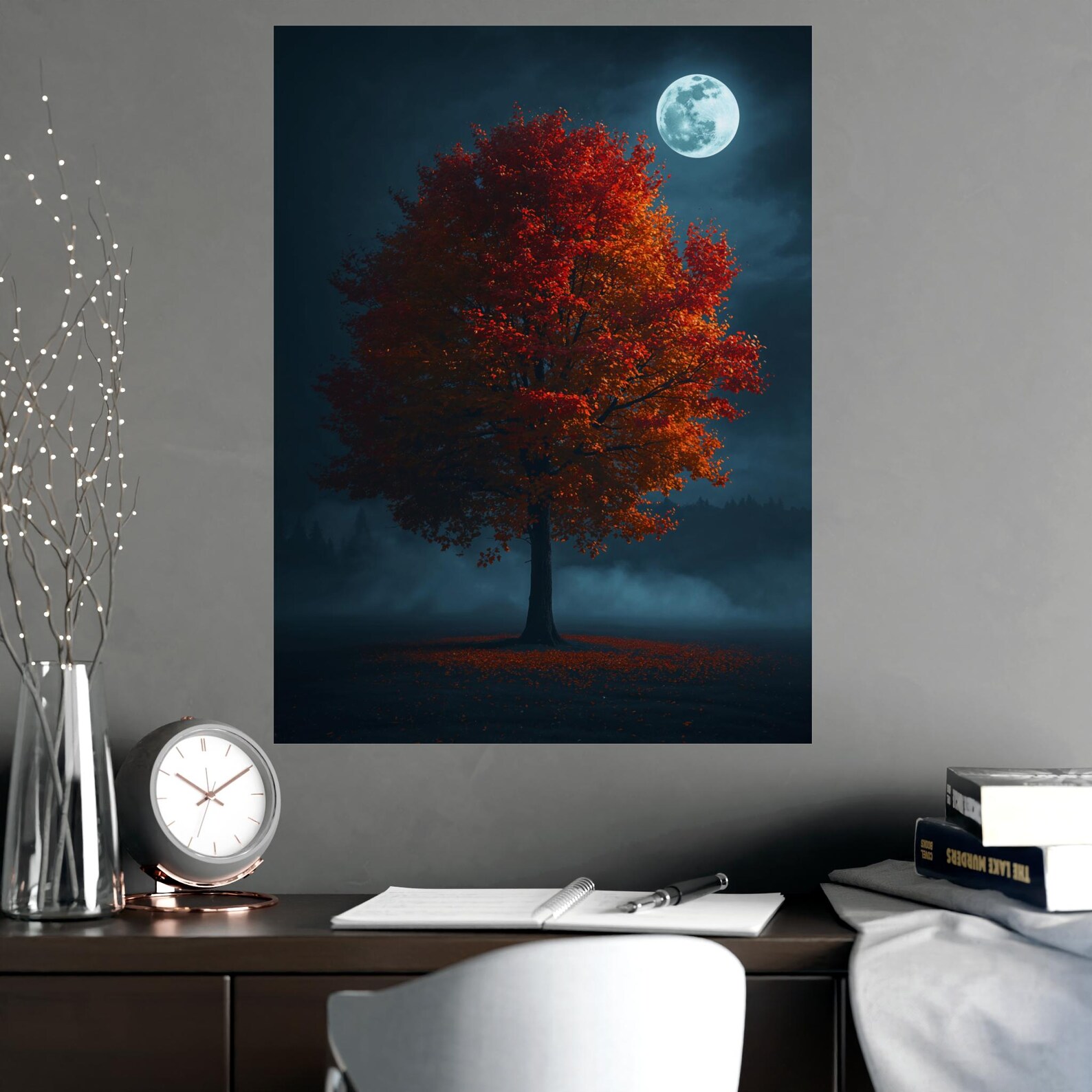 Autumn Tree & Moon Art Print: Moody Fall Night Sky Poster - Etsy