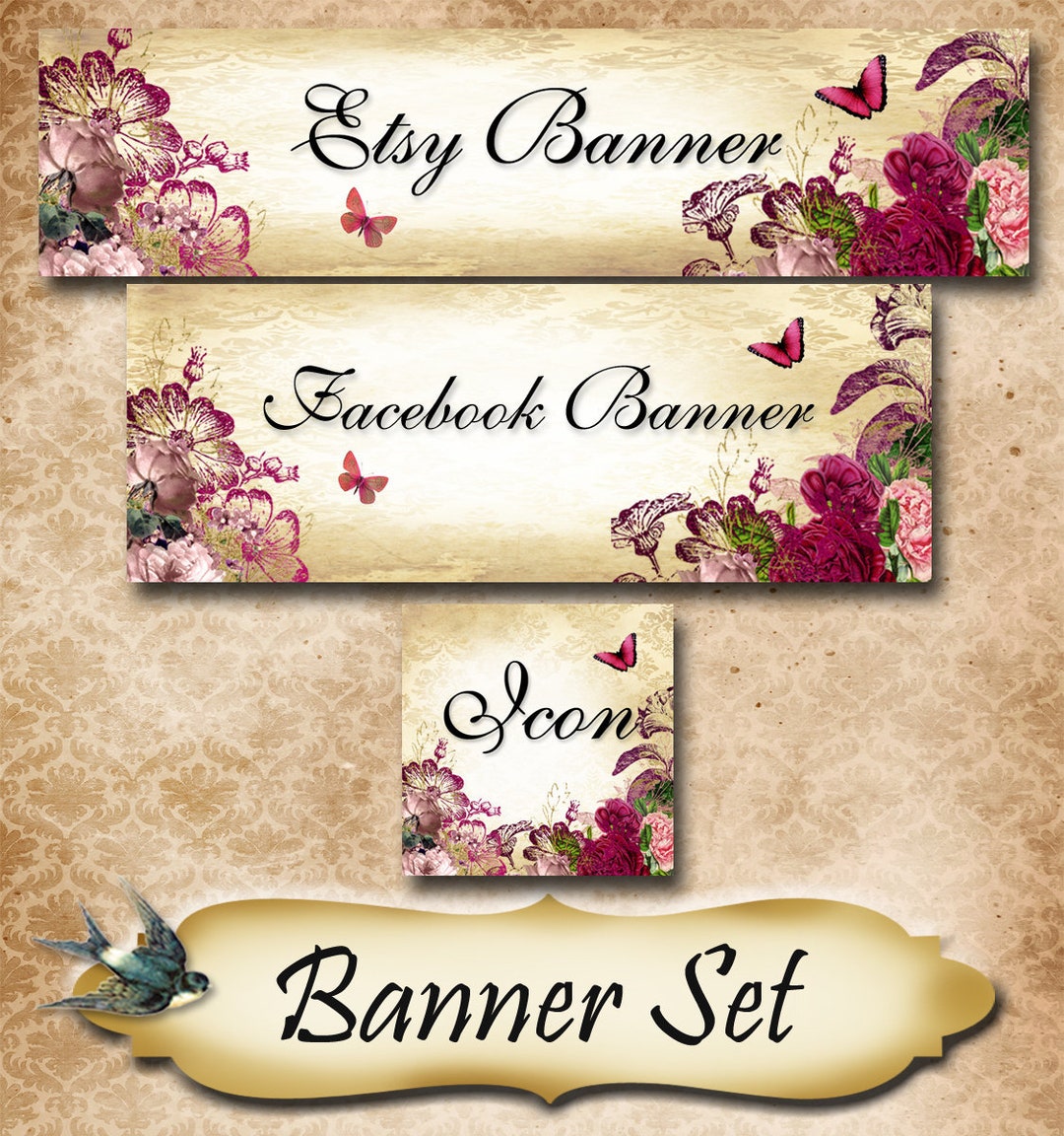 Custom SHOP BANNER Set•facebook Cover•maroon Floral - Etsy