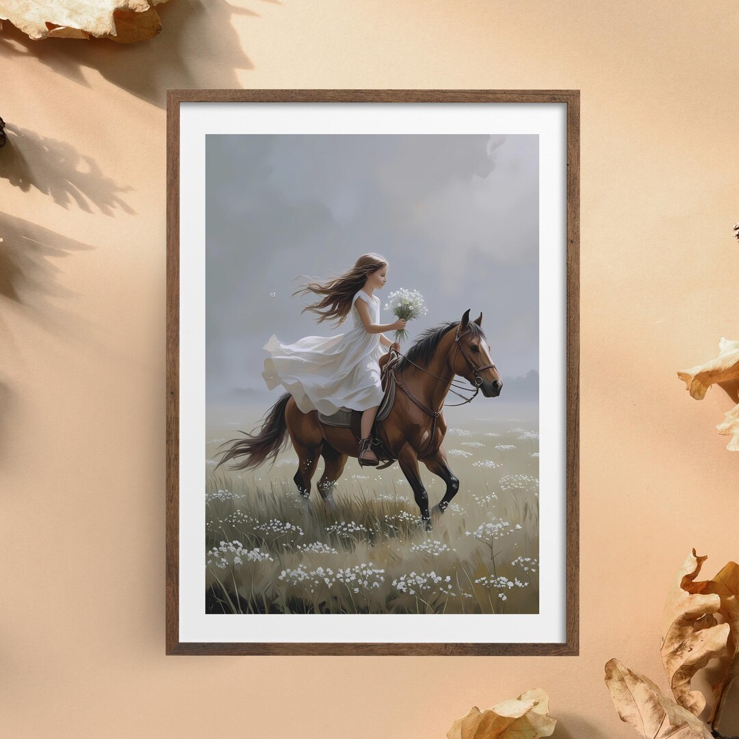 Romantic Horse Ride Wall Art – Woman in White Dress on Brown Horse ...
