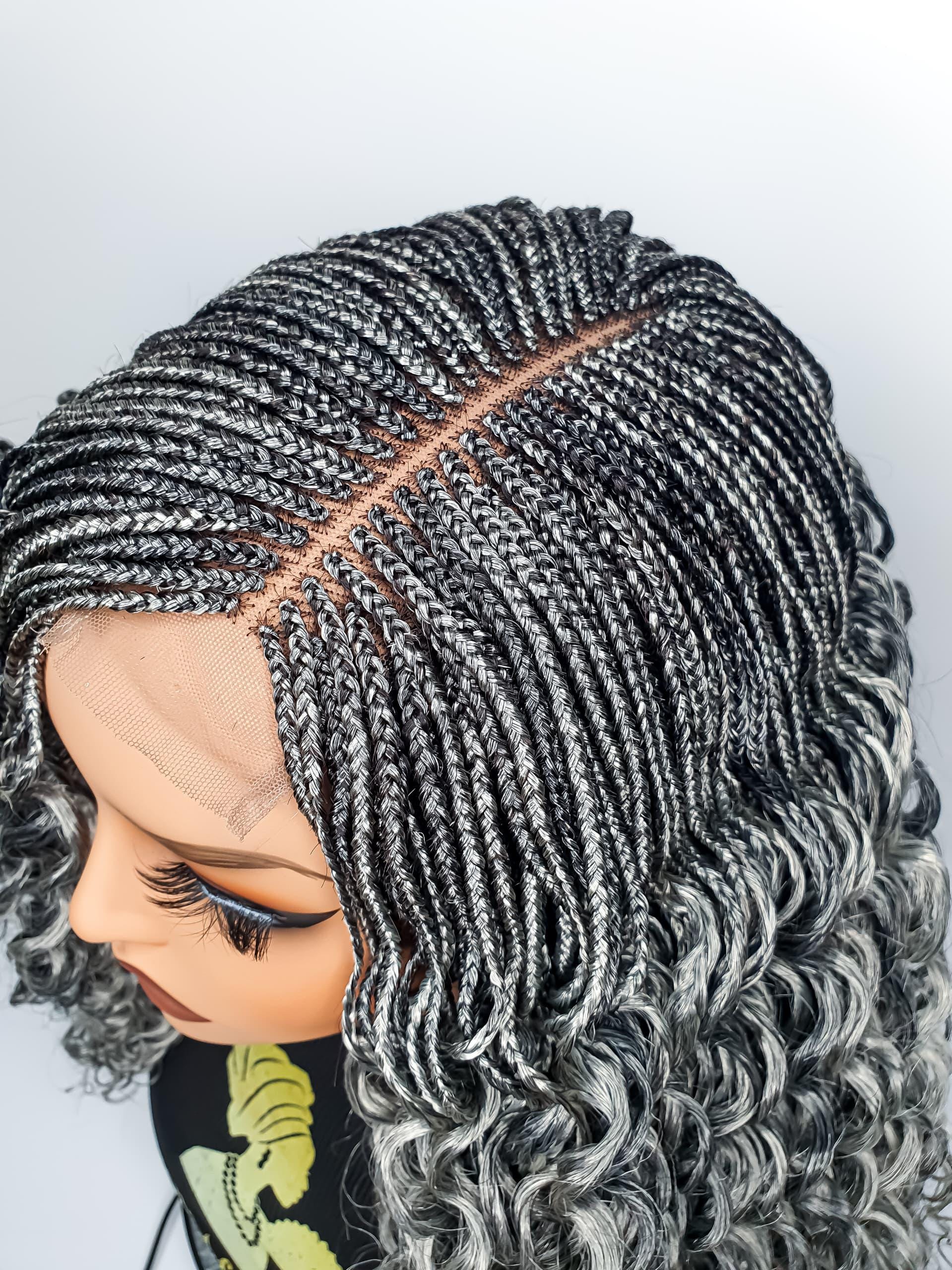 Grey Box Braid Wig With Curls, 18 Inch Curly Braided Wig, Glueless ...