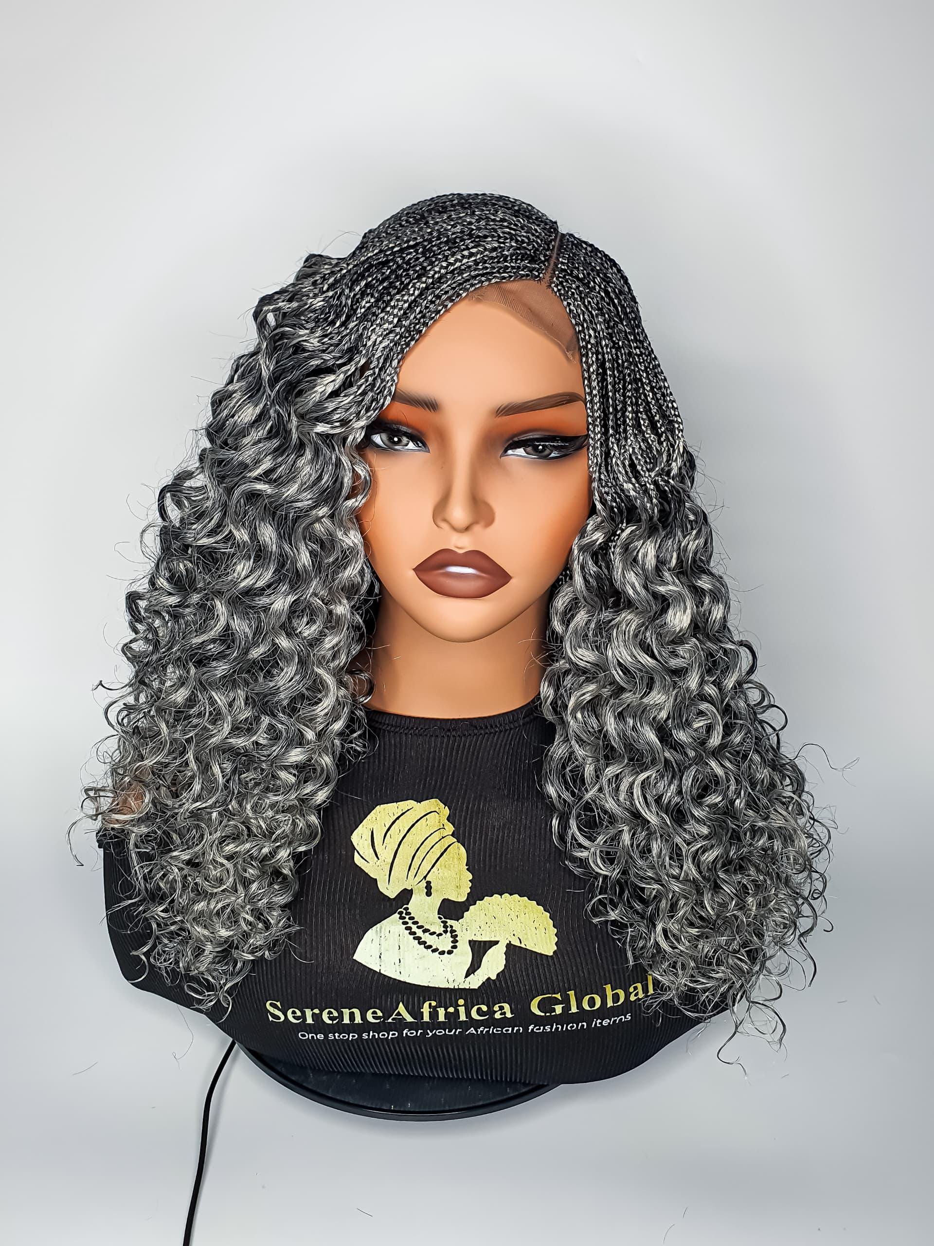 Grey Box Braid Wig With Curls, 18 Inch Curly Braided Wig, Glueless ...