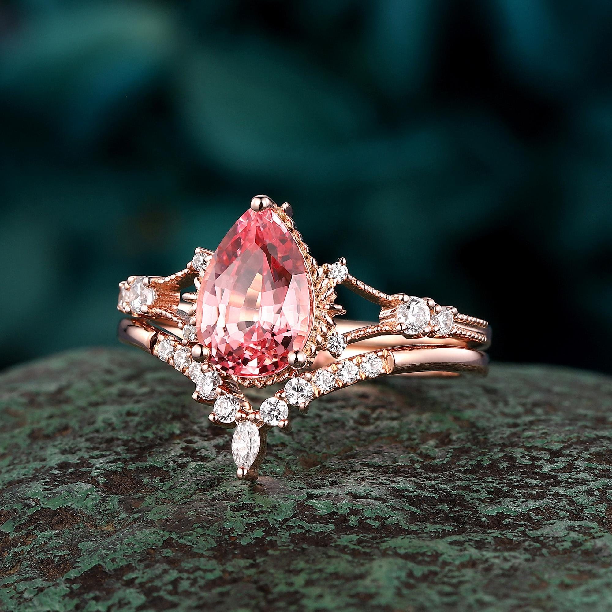 Unique Split Shank Pear Shape Pink Sapphire Engagement Ring Set ...