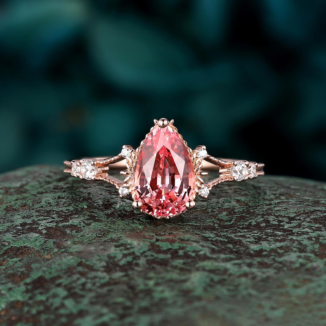 Unique Split Shank Pear Shape Pink Sapphire Engagement Ring Set ...