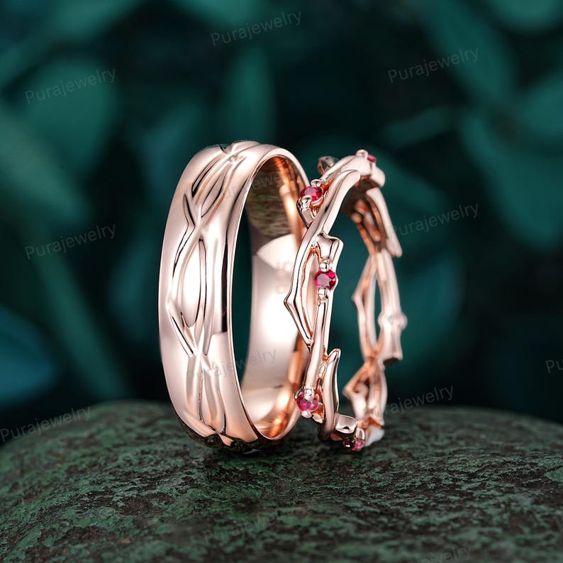 His and Hers Twig Vine Leaf Ruby Couple Ring Set: Outer Shank Engraved ...