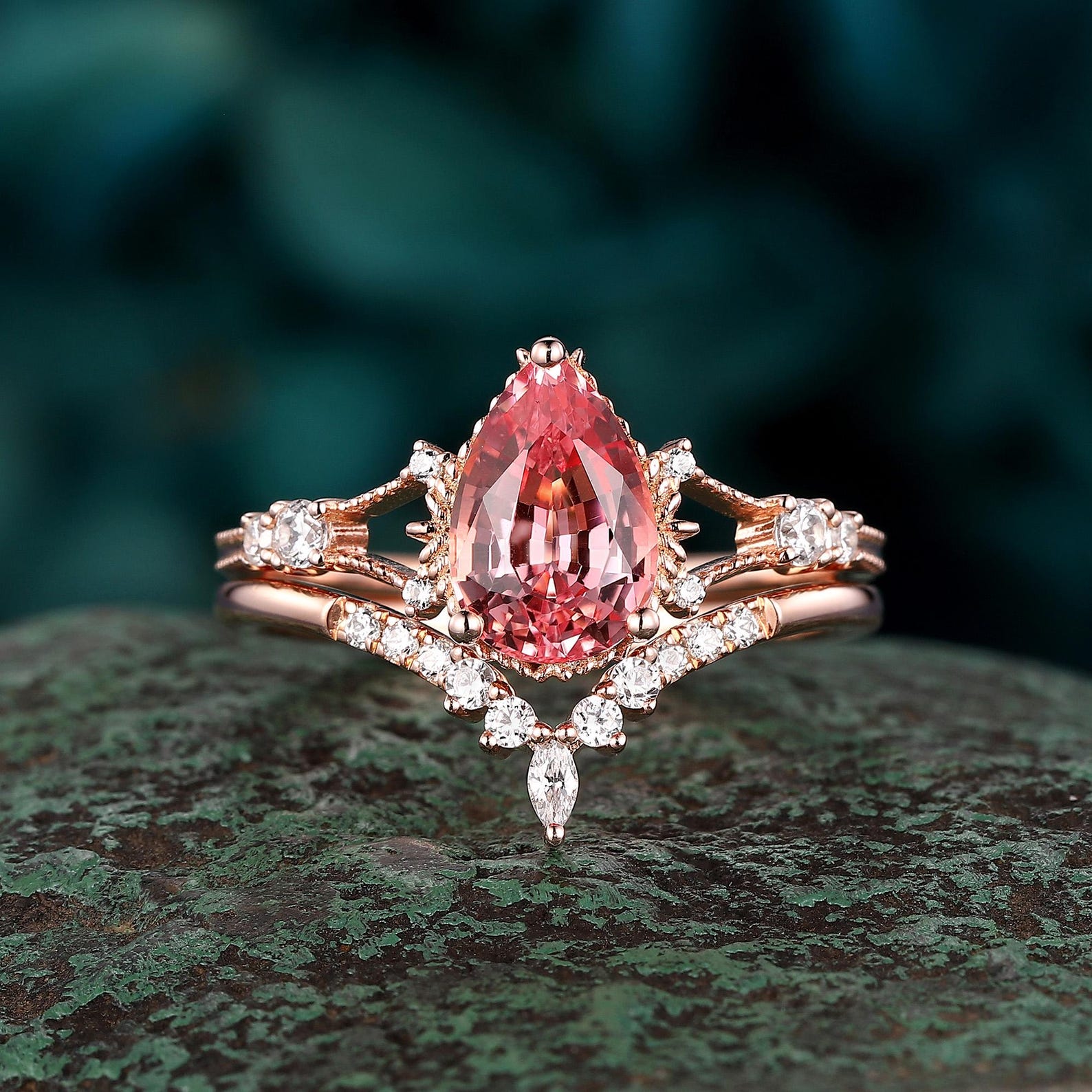 Unique Split Shank Pear Shape Pink Sapphire Engagement Ring Set ...