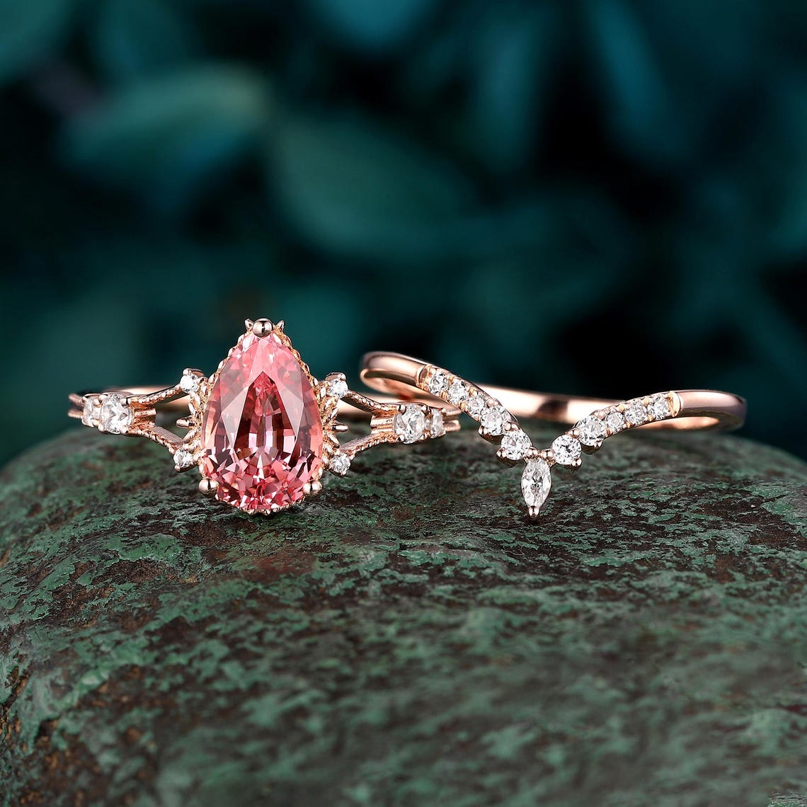 Unique Split Shank Pear Shape Pink Sapphire Engagement Ring Set ...