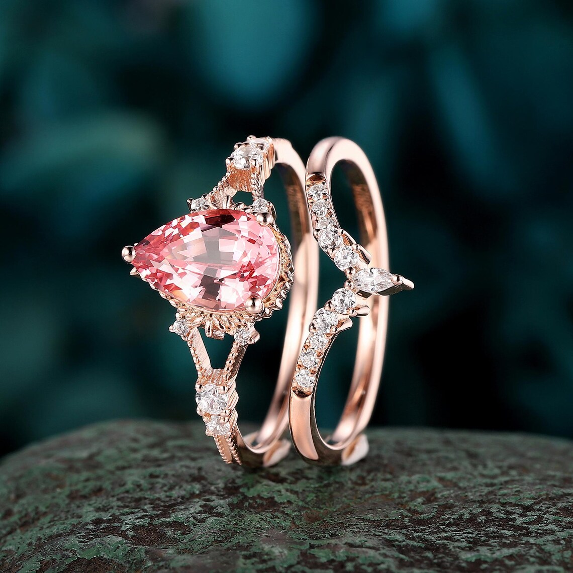 Unique Split Shank Pear Shape Pink Sapphire Engagement Ring Set ...