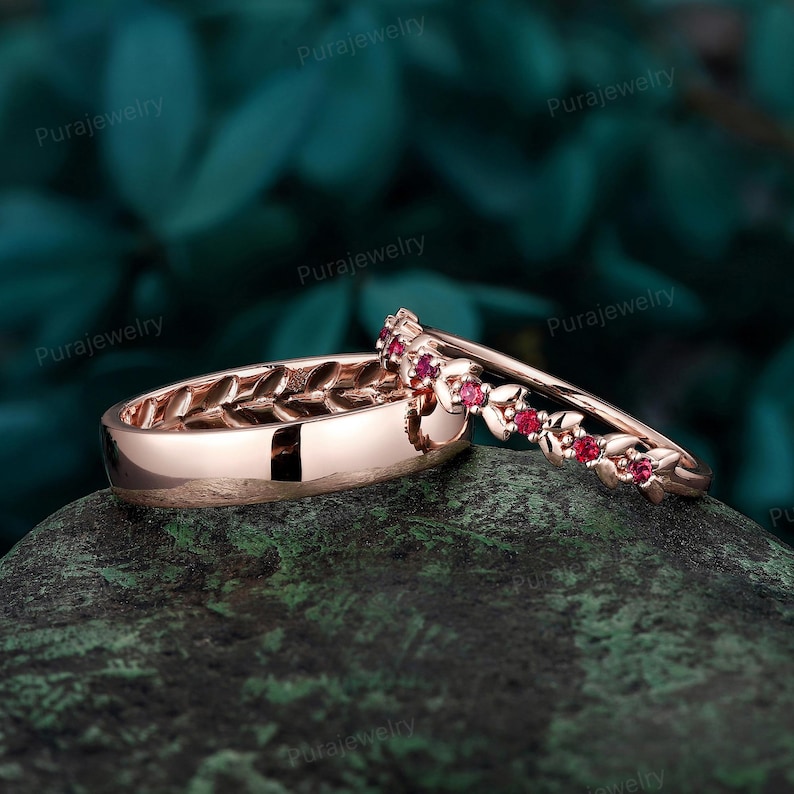 Unique Olive Tree Leaf Ruby Couple Ring Set, Inner Shank Engraved His ...