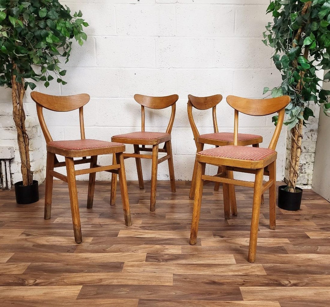 Set of 4 Vintage 1950's Kitchen Dining Chairs Beech Wood & Red Vinyl ...
