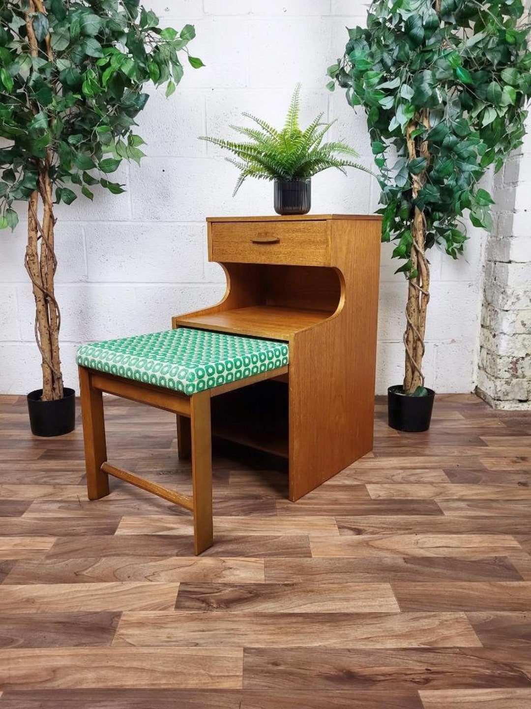 Vintage 70's Chippy Teak Telephone Table Green Seat Mid-century Scandi ...