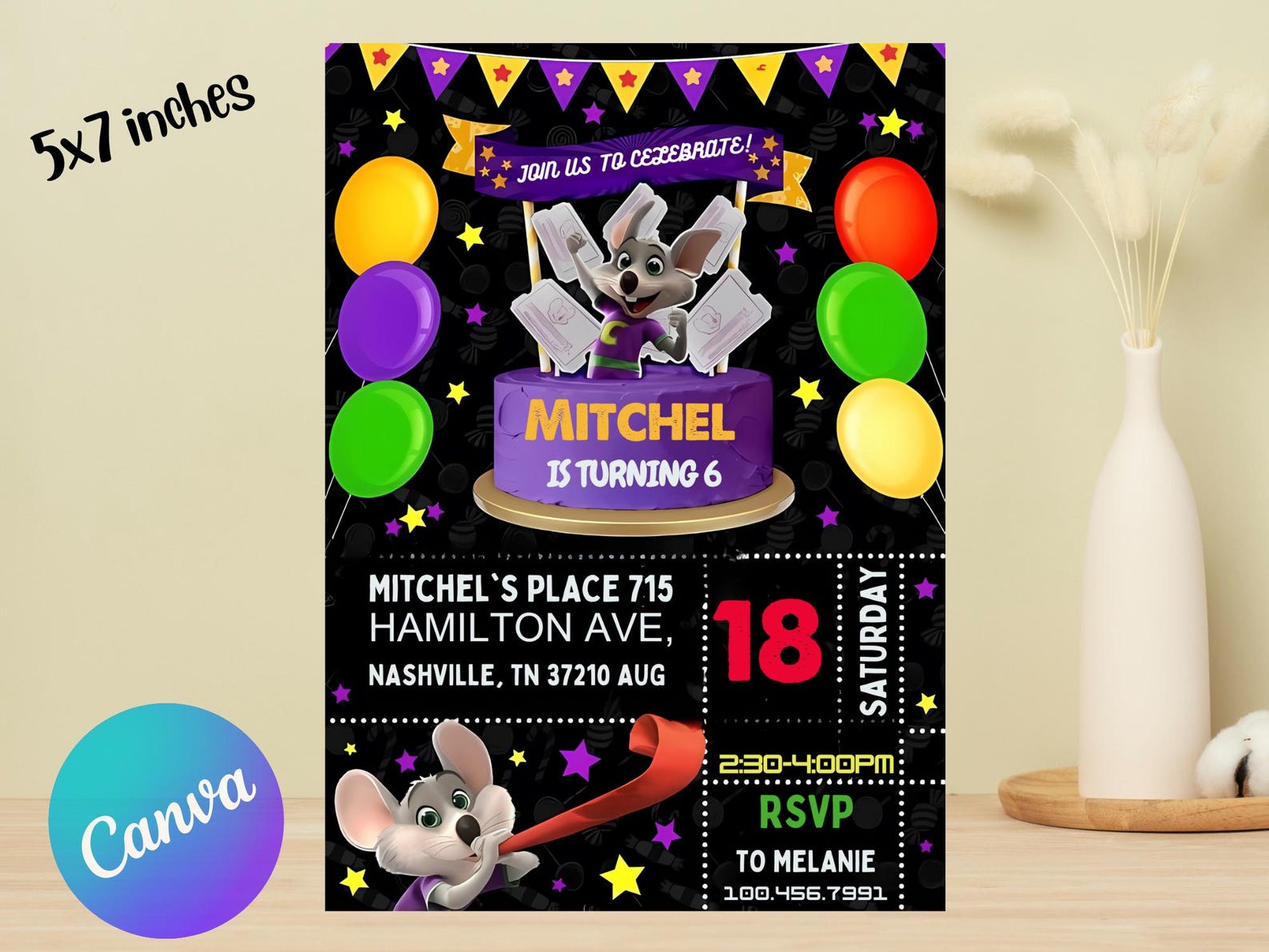 Editable Chuck E Cheese Birthday Invitation Template | Chuck Evite ...