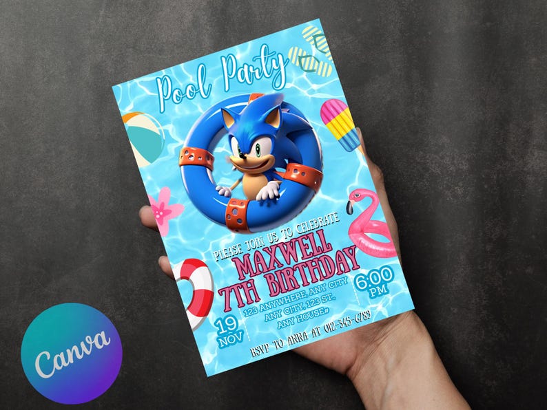 Editable Sonic Pool Party Birthday Invitation,sonic Beach Party ...