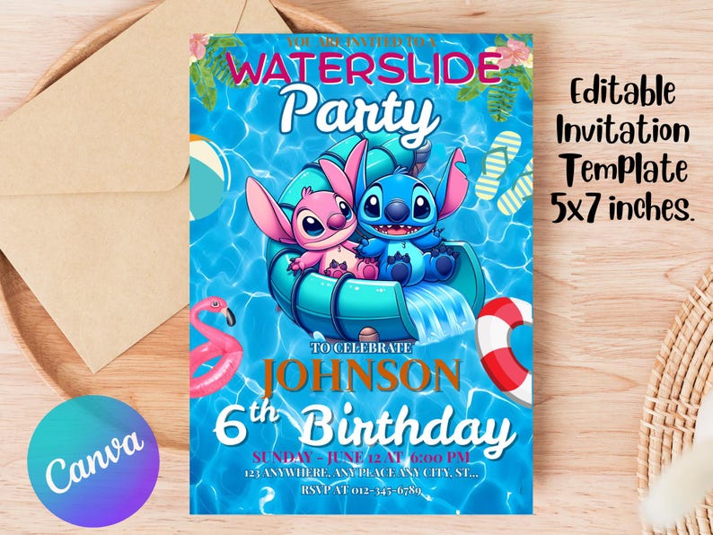 Stitch Lilo Pool Birthday Invitation | Stitch Angel Waterslide Party ...