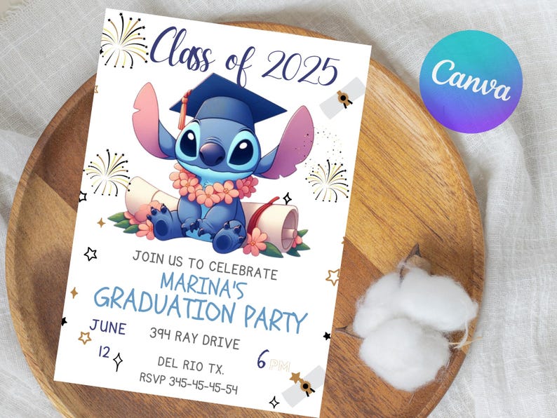 Stitch Graduation Blue Party Invitation | Stitch Lilo Kindergarten and ...