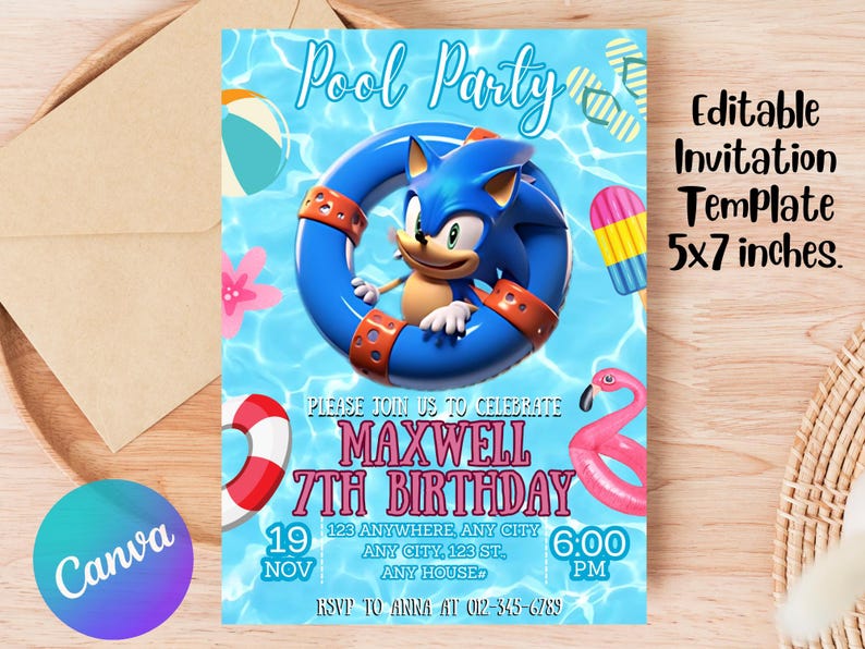 Editable Sonic Pool Party Birthday Invitation,sonic Beach Party ...