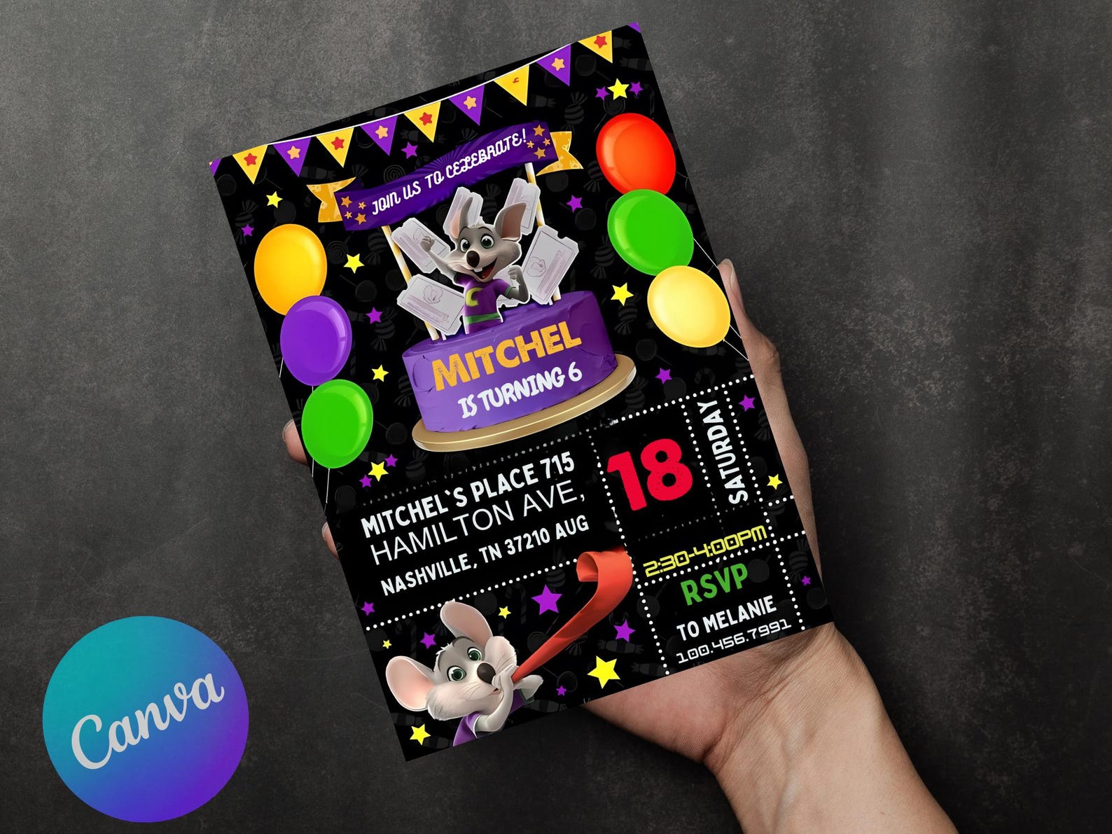 Editable Chuck E Cheese Birthday Invitation Template | Chuck Evite ...