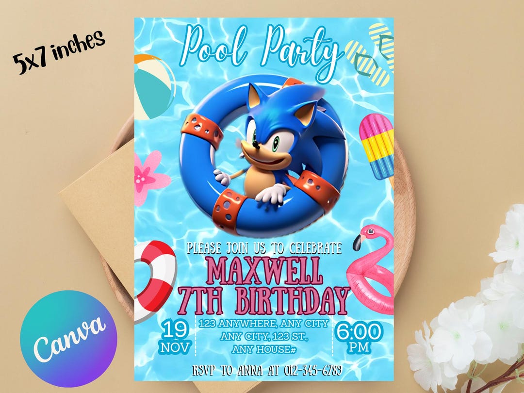 Editable Sonic Pool Party Birthday Invitation,sonic Beach Party ...