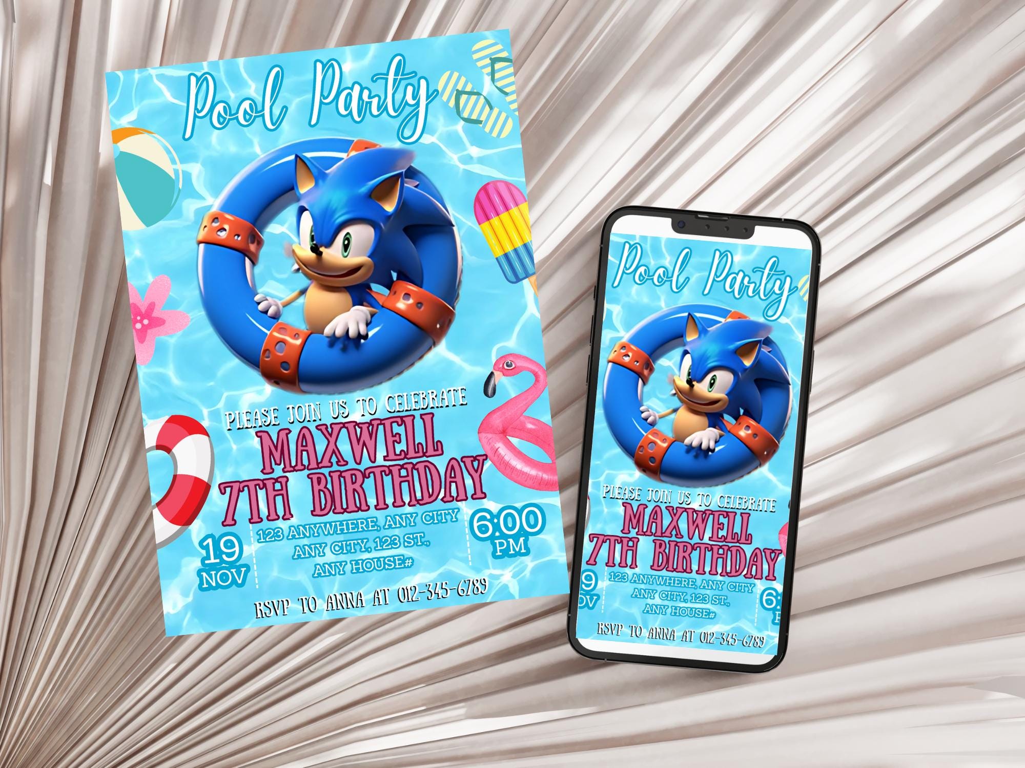 Editable Sonic Pool Party Birthday Invitation,sonic Beach Party ...