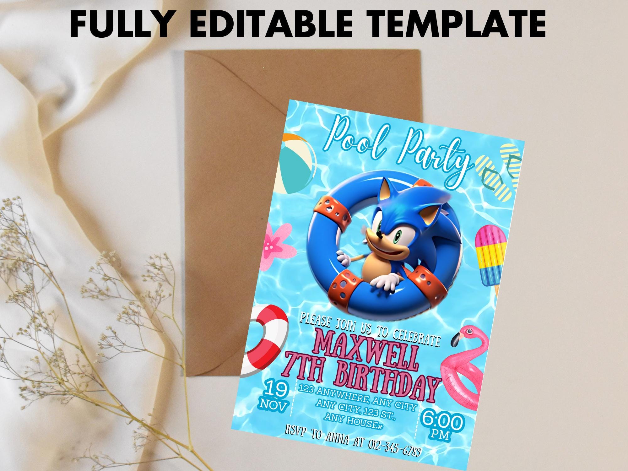 Editable Sonic Pool Party Birthday Invitation,sonic Beach Party ...