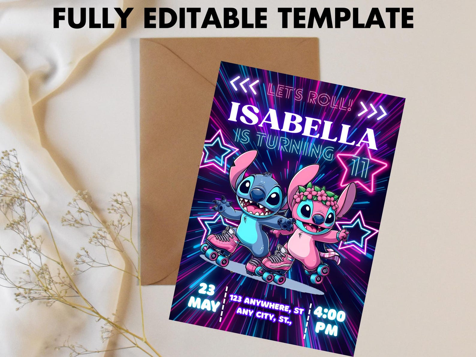 Stitch Roller Skating Birthday Party Invitation | Stitch Lilo Pastel ...