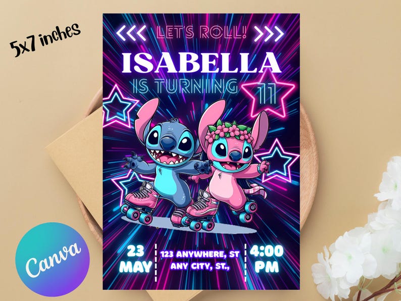 Stitch Roller Skating Birthday Party Invitation | Stitch Lilo Pastel ...