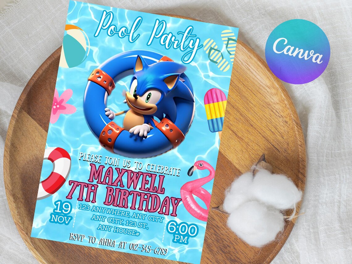 Editable Sonic Pool Party Birthday Invitation,sonic Beach Party ...