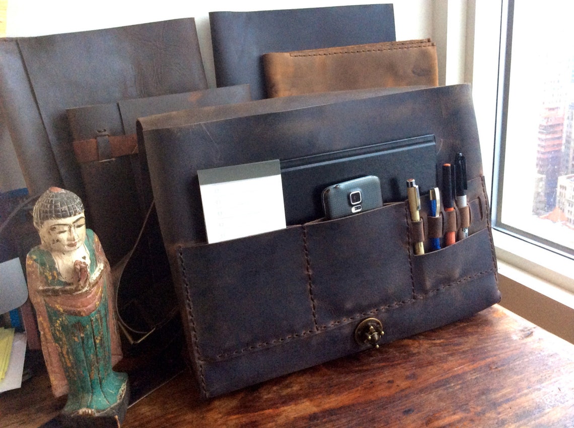 Leather Laptop Briefcase Laptop Computer Case Zipper Pocket - Etsy